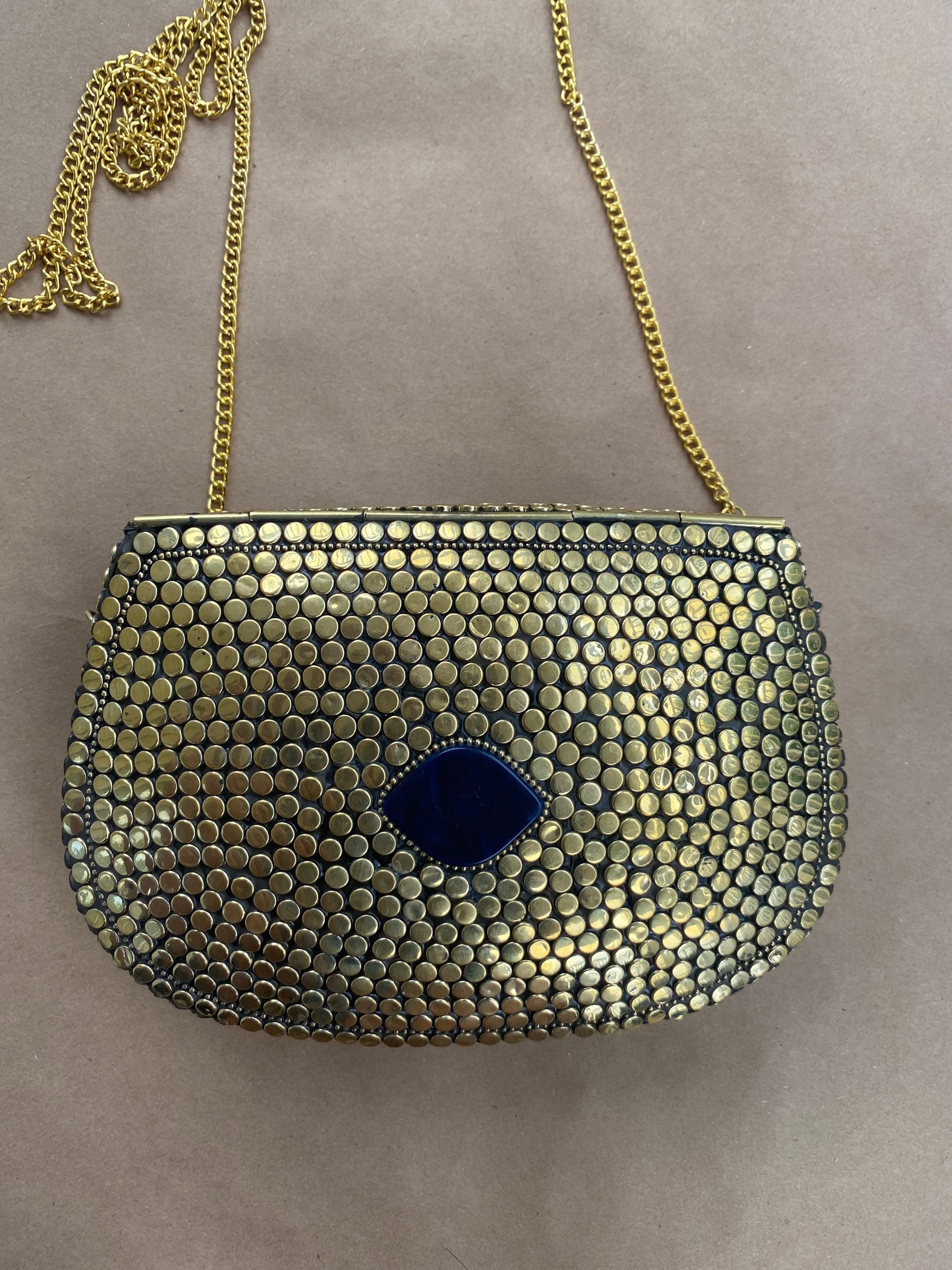 Handmade Gold Studded Shoulder Bag Gold Geometric Metal Bag Blue and ...