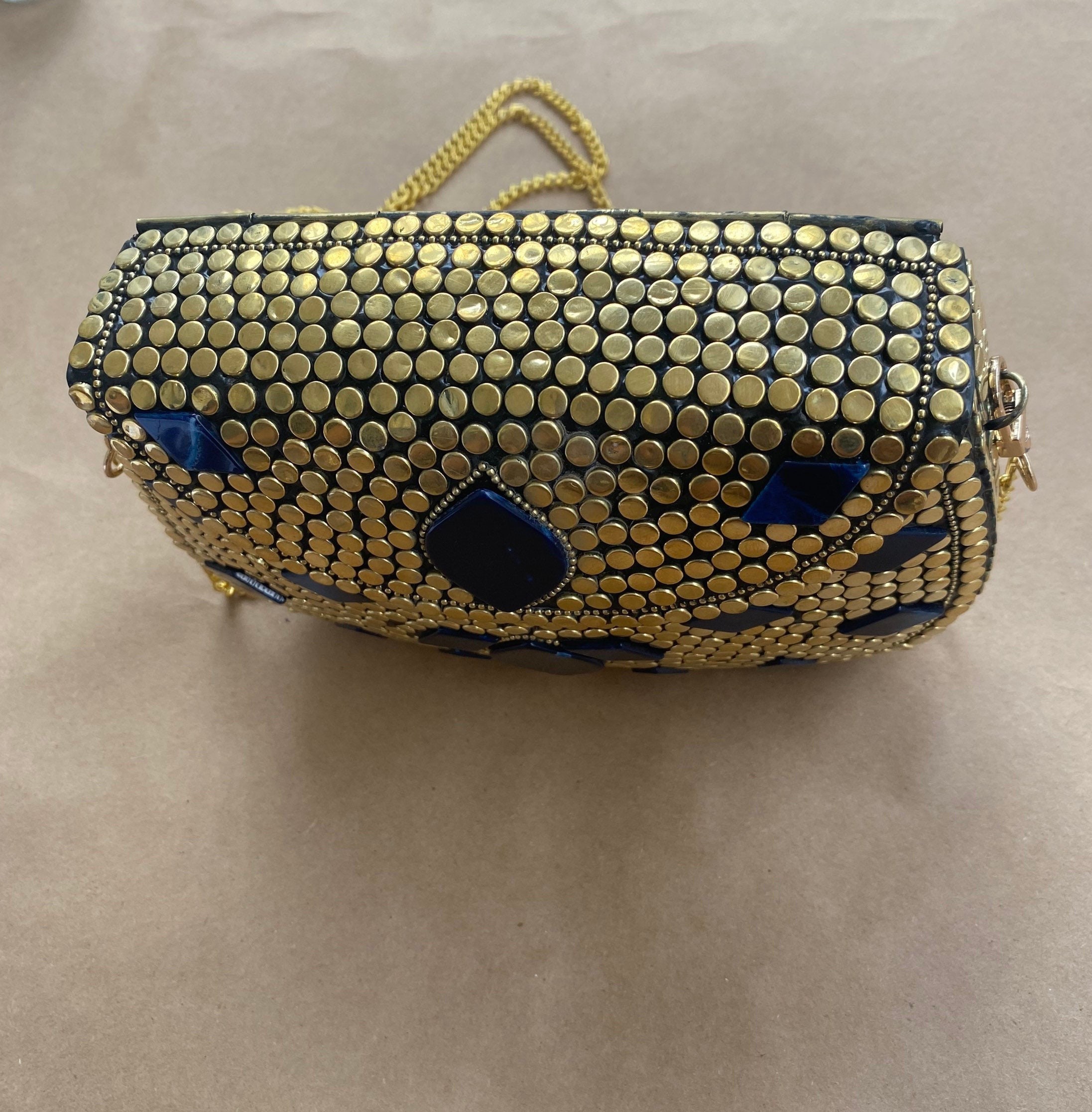 Handmade Gold Studded Shoulder Bag Gold Geometric Metal Bag Blue and ...