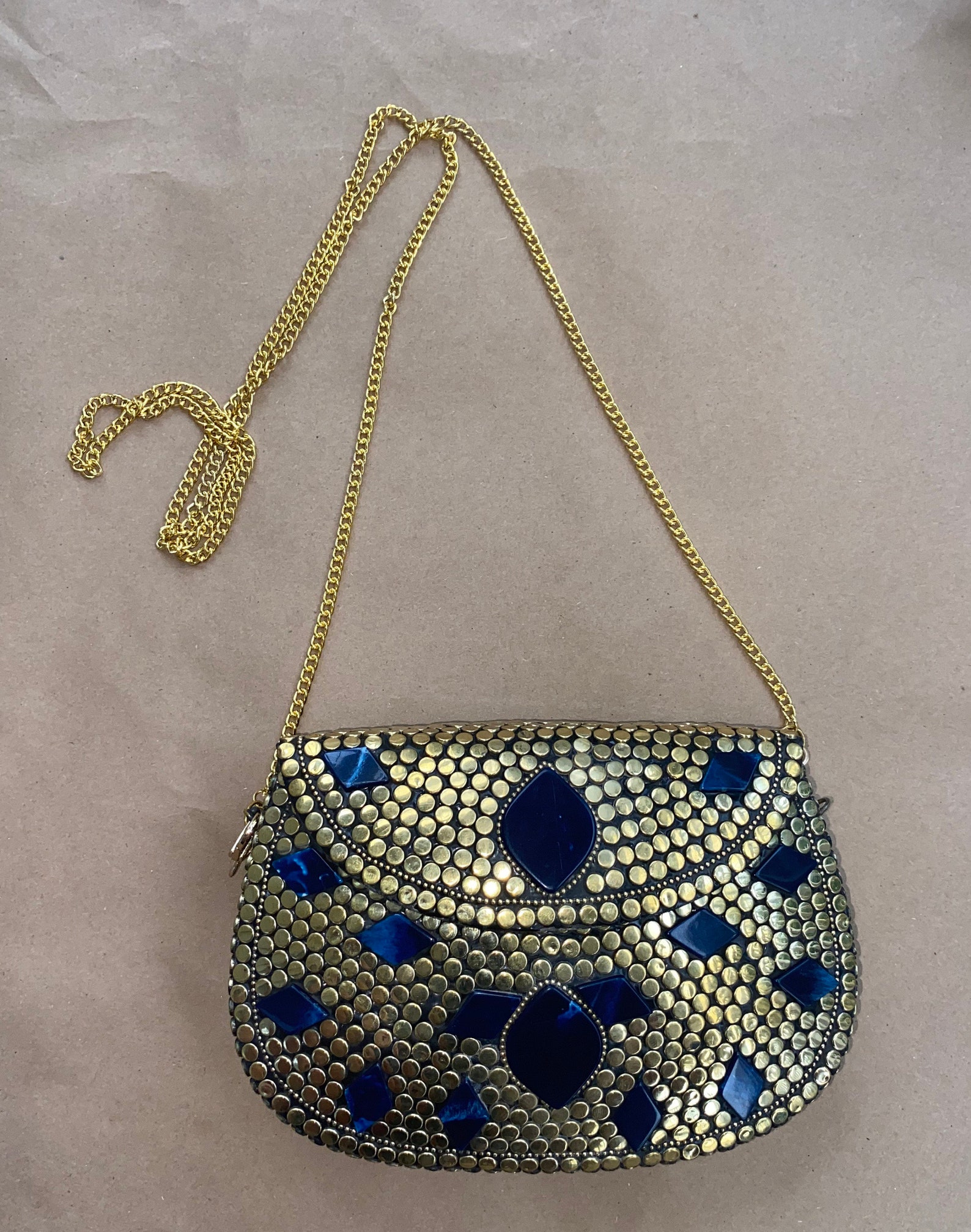 Handmade Gold Studded Shoulder Bag Gold Geometric Metal Bag Blue and ...