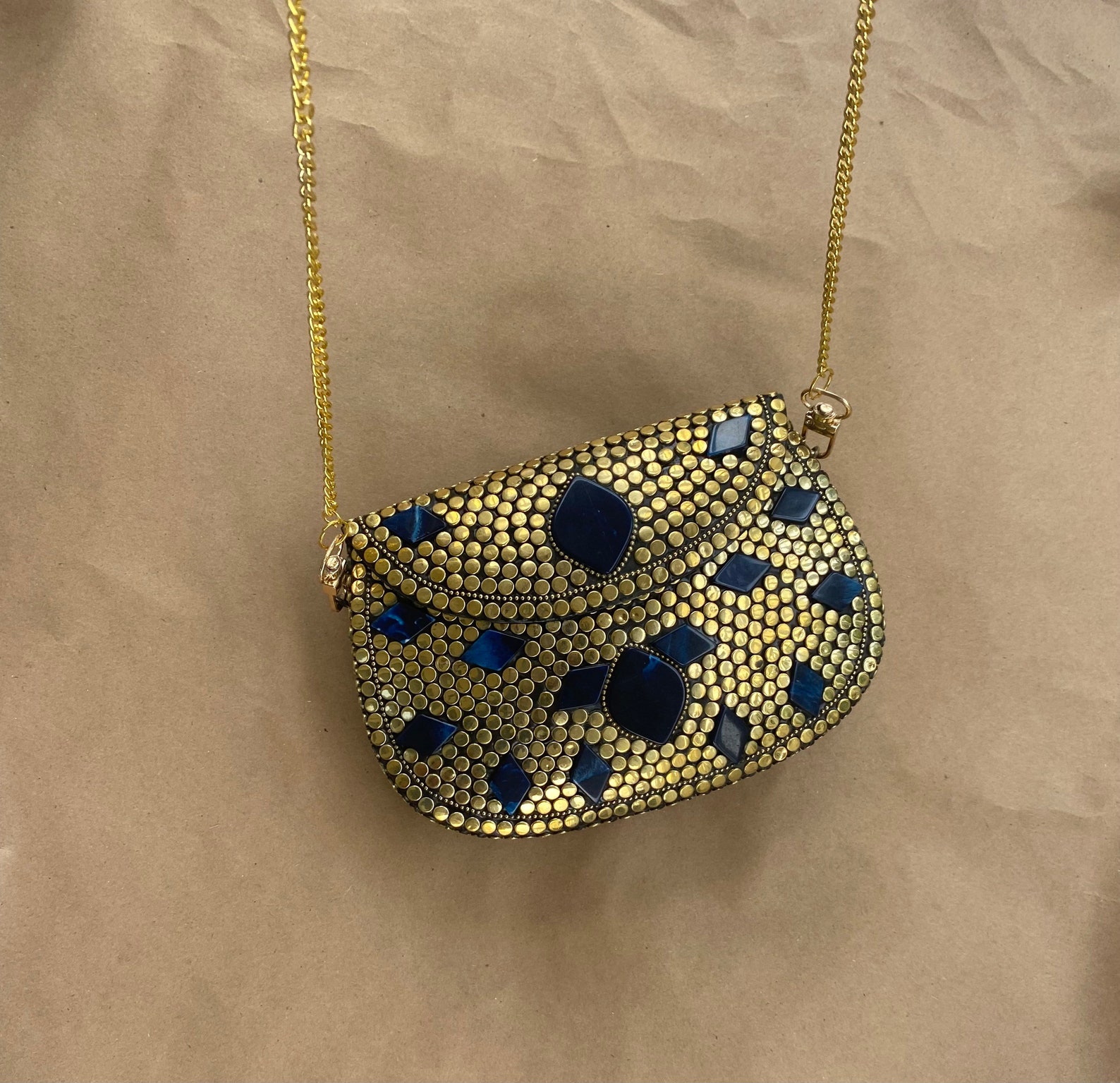 Handmade Gold Studded Shoulder Bag Gold Geometric Metal Bag Blue and ...