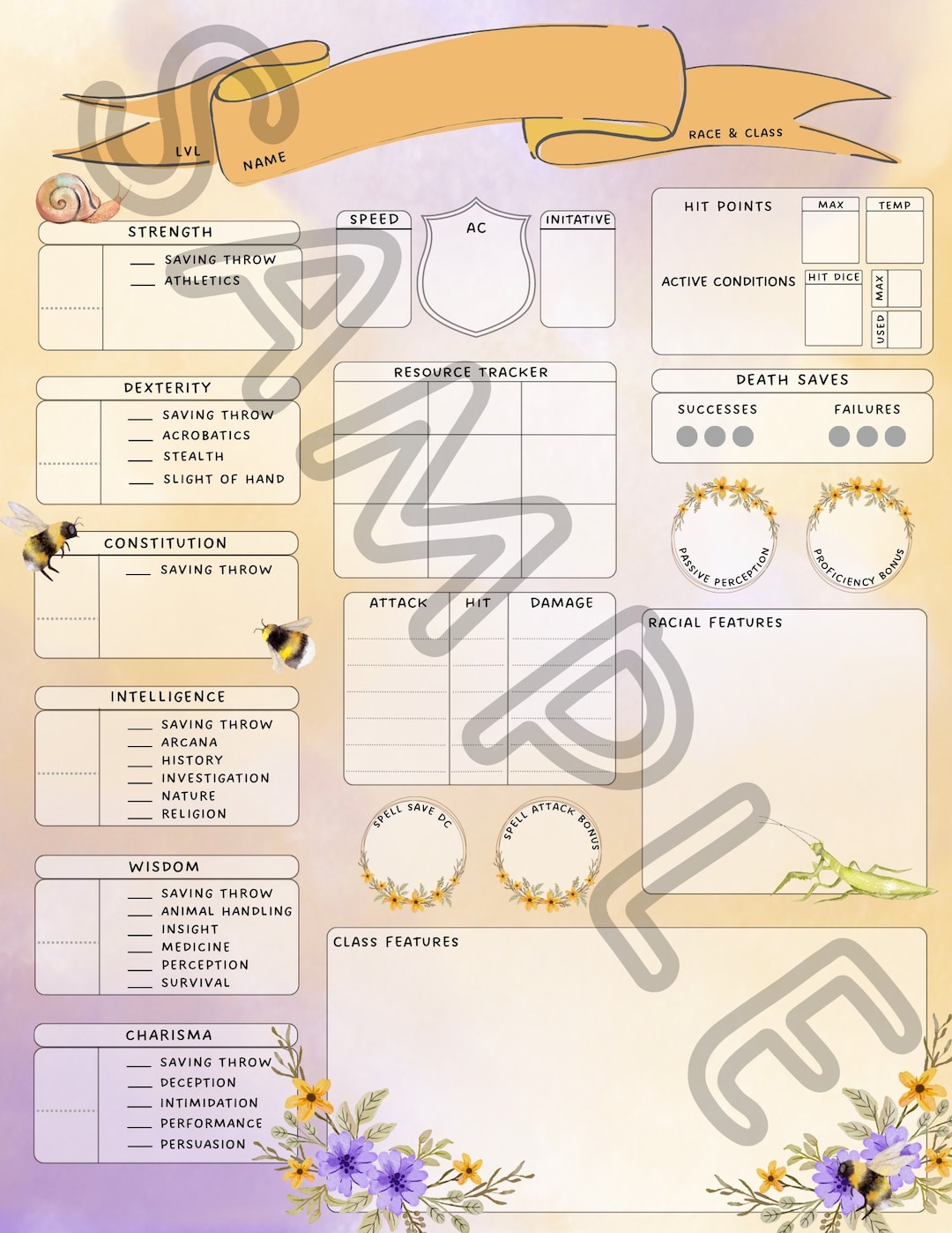 Dnd 5e Character Sheet Floral & Insects Form Fillable - Etsy