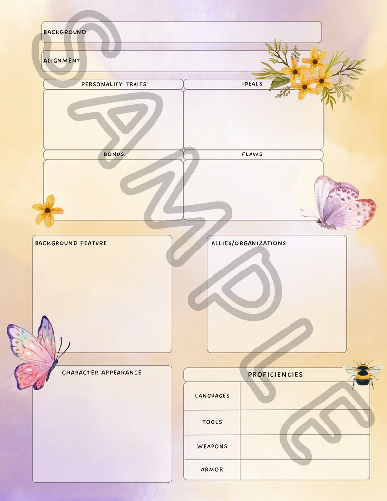 Dnd 5e Character Sheet Floral & Insects Form Fillable - Etsy