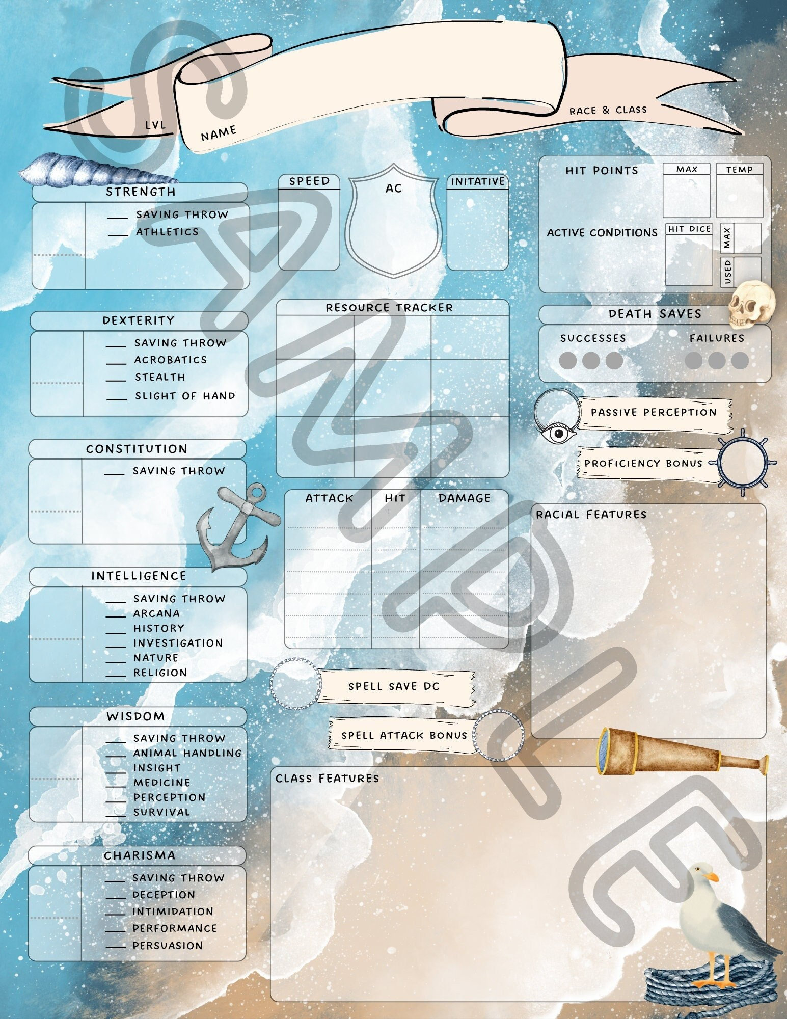 Dnd 5e Character Sheet Nautical Form Fillable - Etsy