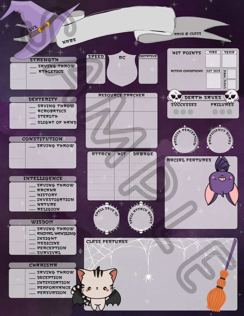 Dnd 5e Character Sheet Bat & Cat Form Fillable - Etsy