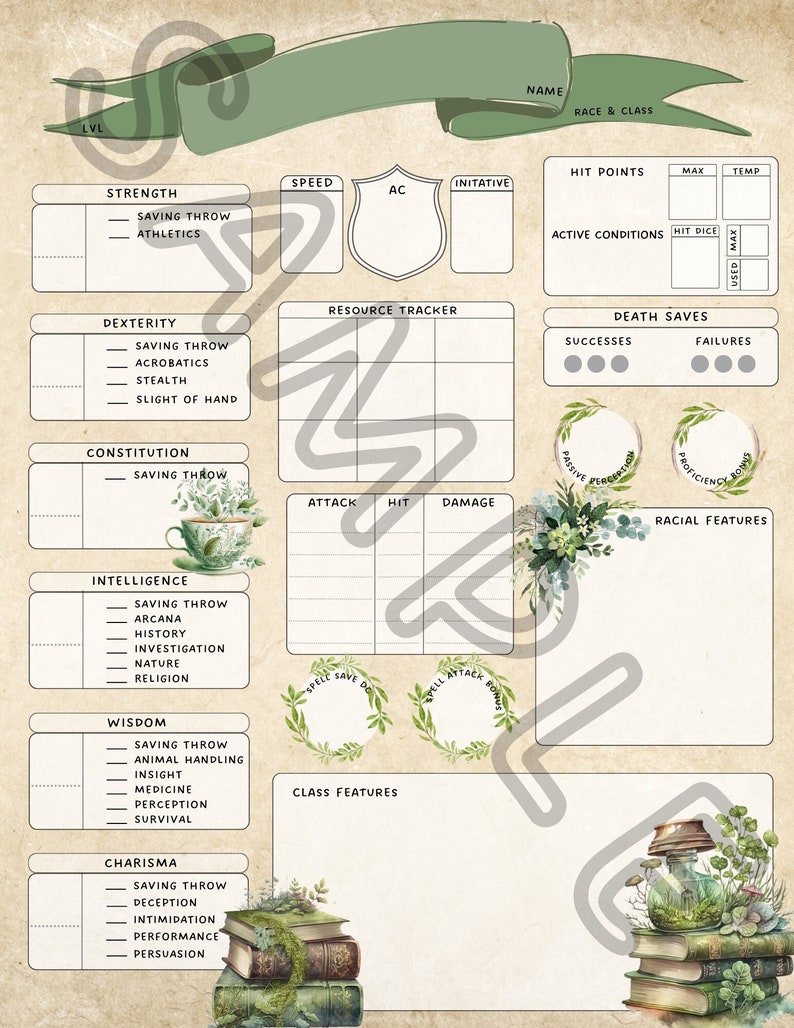 Dnd 5e Character Sheets: Greenery & Books Form Fillable - Etsy