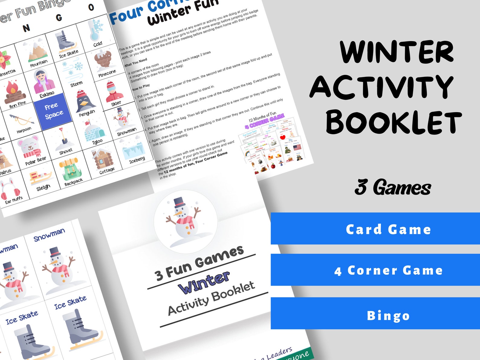 Winter Bingo, Card and 4 Corner Game Activity Booklet, Printable ...