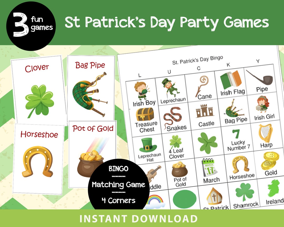 3 St. Patrick's Day Party Games | St. Patrick's Day Bingo | Four Corner ...