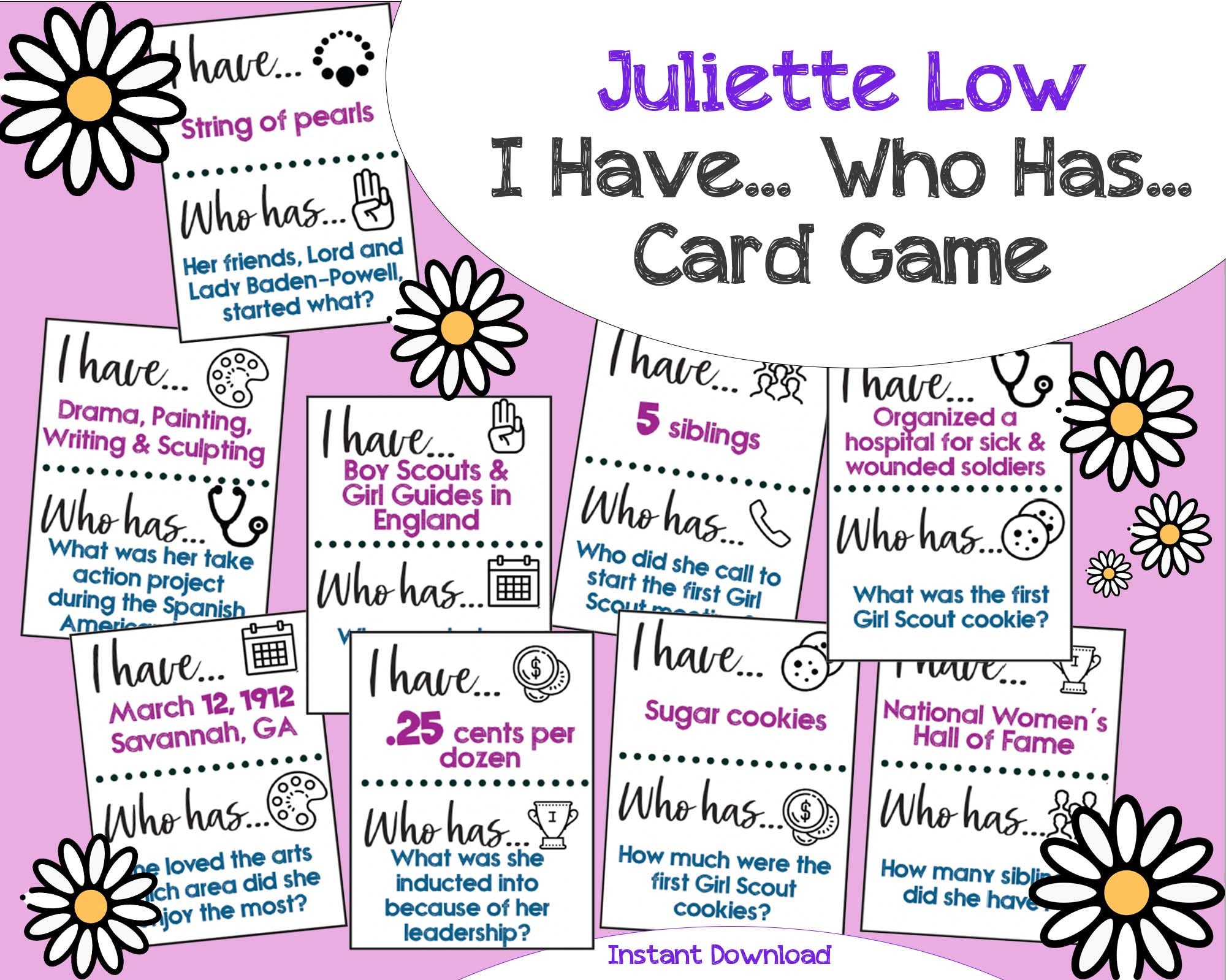 I Have Who Has Card Game About Juliette Low | Perfect for Juliette Low ...