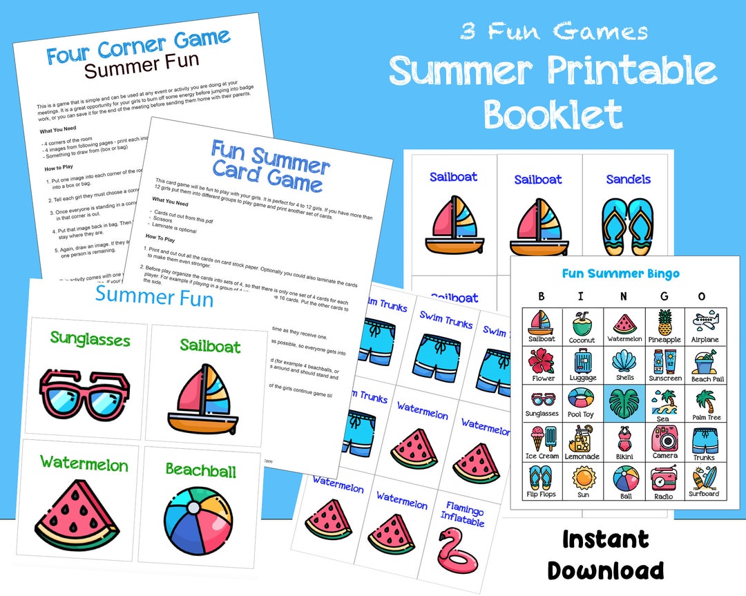 Summer Bingo, Card and 4 Corner Game Activity Booklet, Printable ...