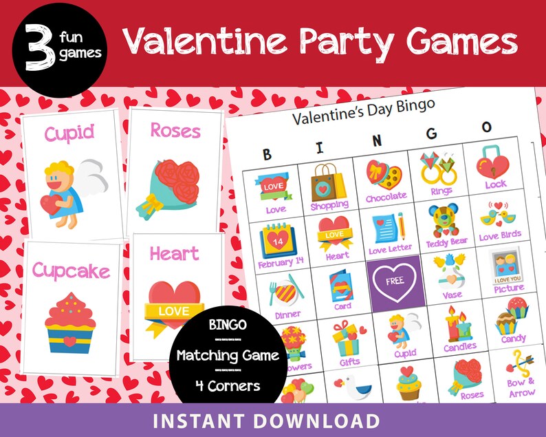 3 Valentine's Day Party Games | Valentine's Bingo | Four Corner Game ...