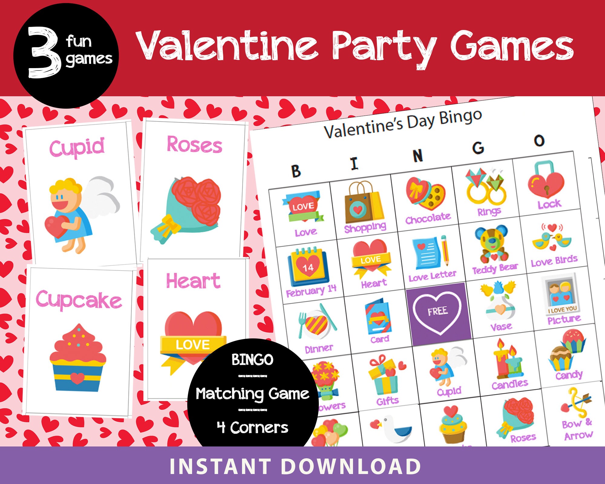 3 Valentine's Day Party Games | Valentine's Bingo | Four Corner Game ...