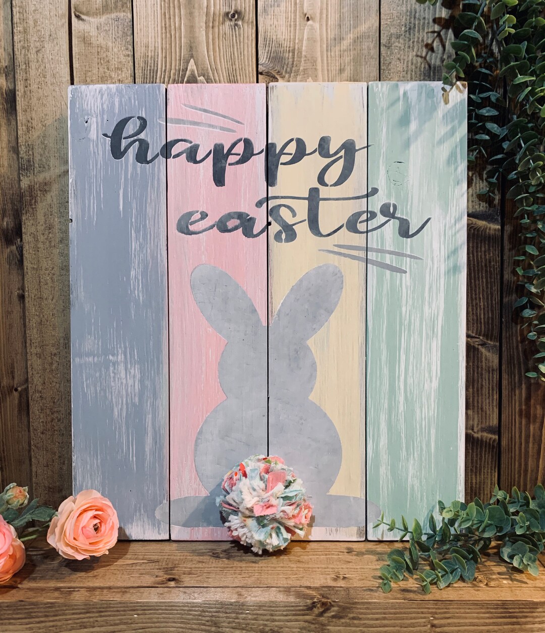 Happy Easter Pallet Sign = Farmhouse Spring Decor - Bunny With Cloth ...
