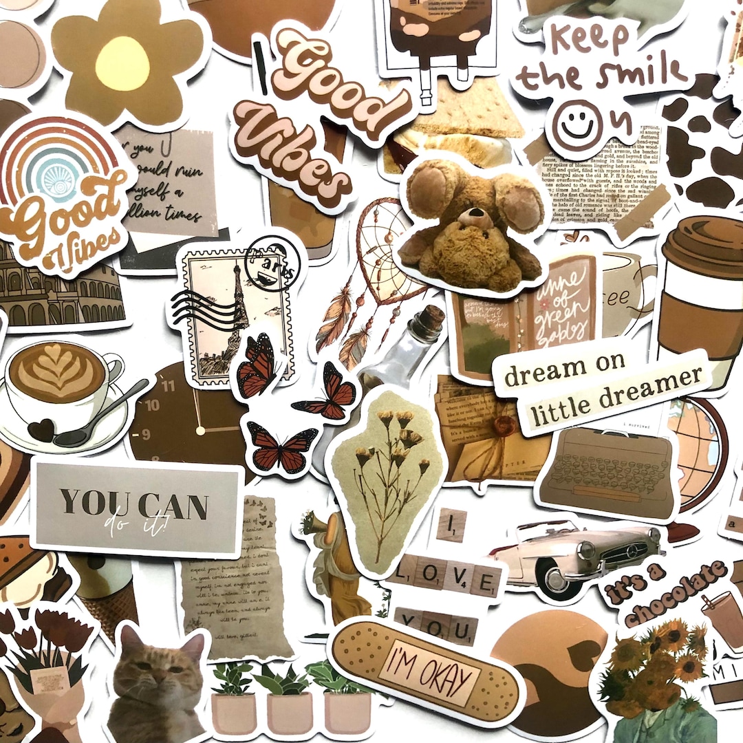 Cute Aesthetic Stickers - 60PCS Retro Brown Sticker Pack, Waterproof ...