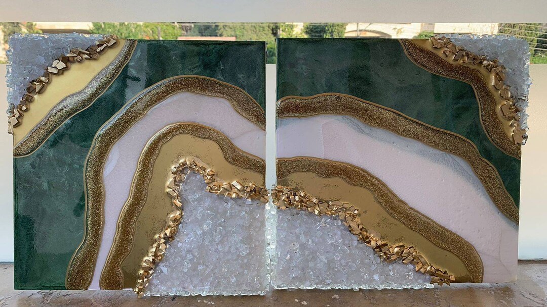 Resin Geode Wall Art 2 Piece Resin Geode Green /marble Ready to Ship ...