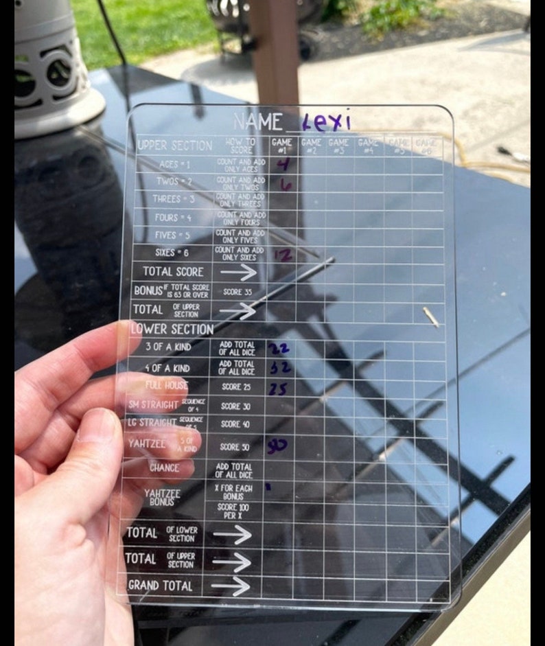 Dry Erase Scorecard for Dice Game, White or Clear Acrylic ...