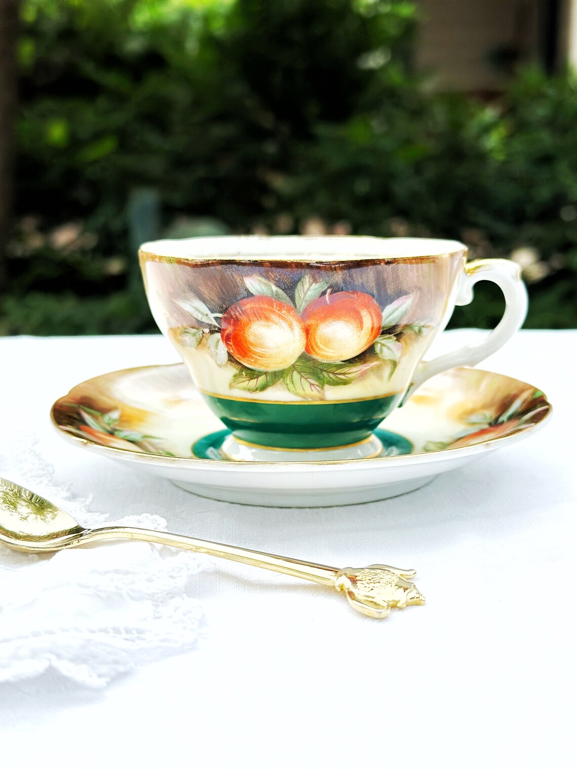 Lefton China peach Orchard Teacup & Saucer Vintage Tea Cup Tea Set Hand ...