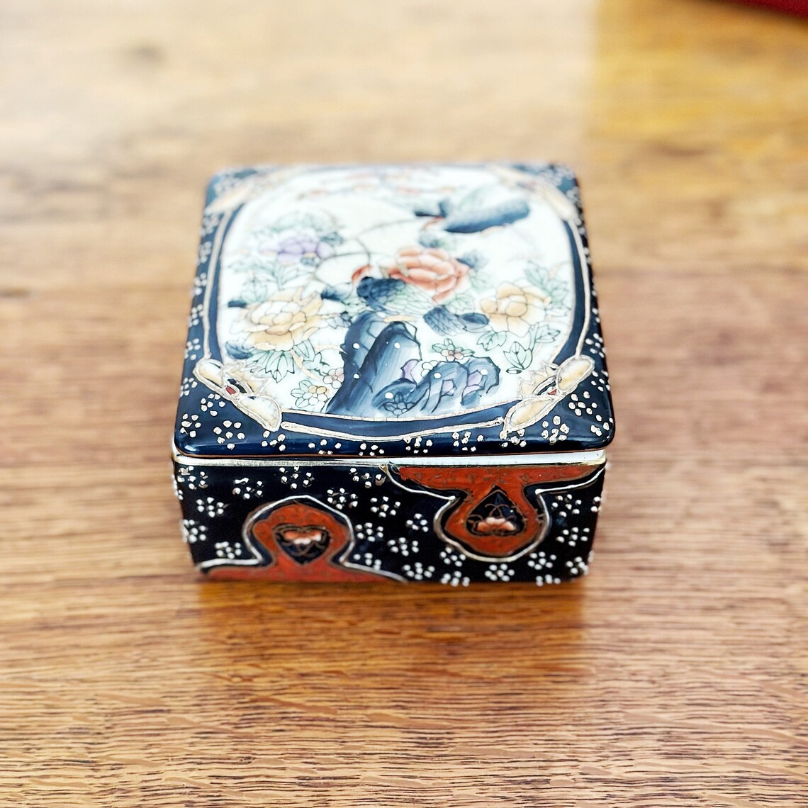 Hand-painted Ceramic Chinese Box Blue Black, Red, Gold Vintage Jewelry ...