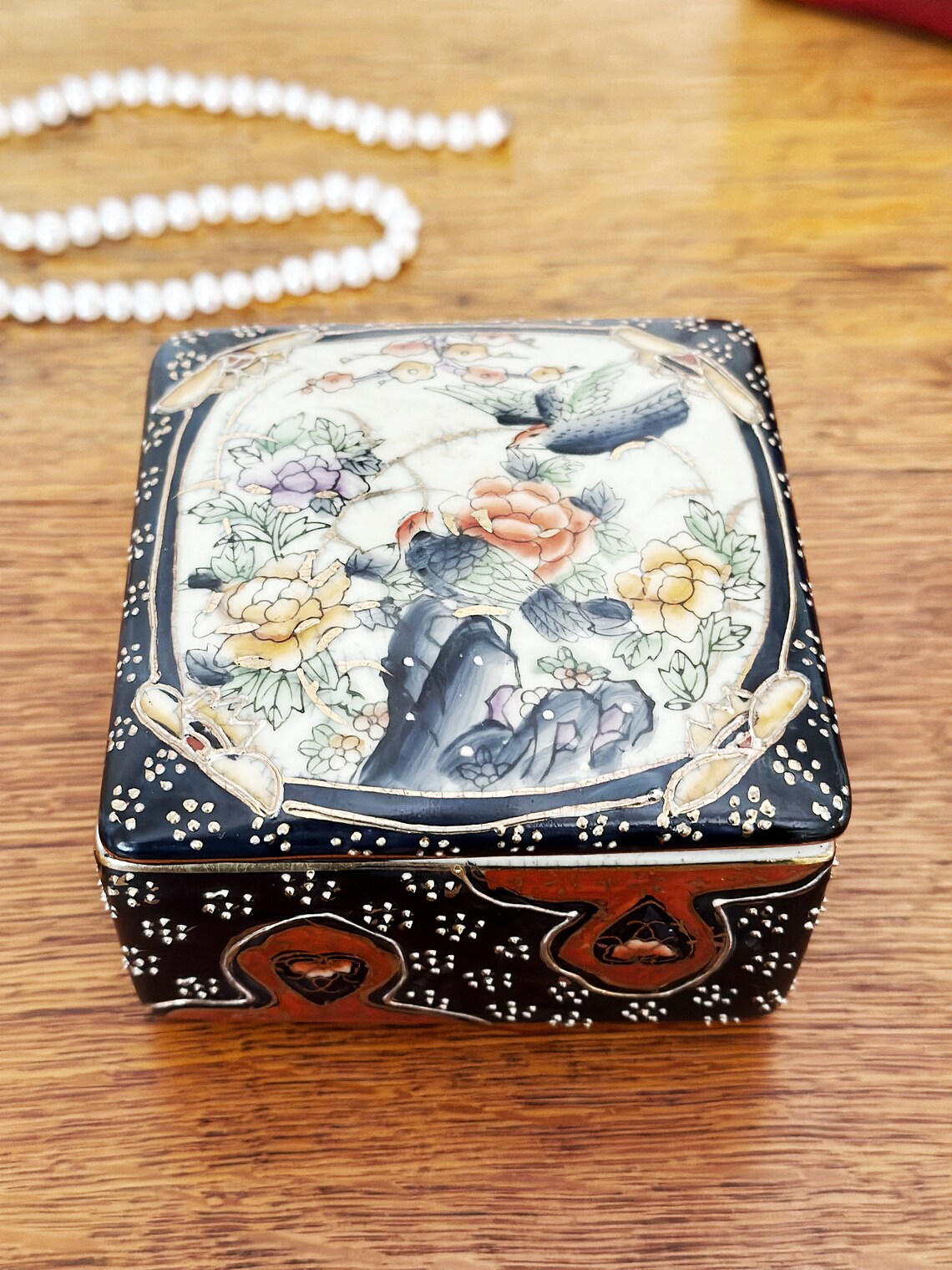 Hand-painted Ceramic Chinese Box Blue Black, Red, Gold Vintage Jewelry ...
