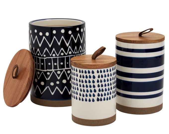 3 Piece Mayan Tribal Designed Canisters blue and Whitestoneware ...