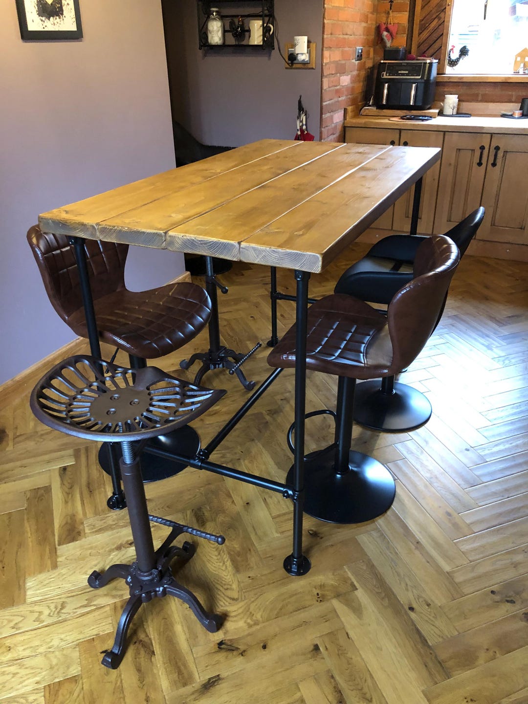 Industrial Breakfast Bar, High Table, D78cm, 45mm Rustic Pine Timber ...