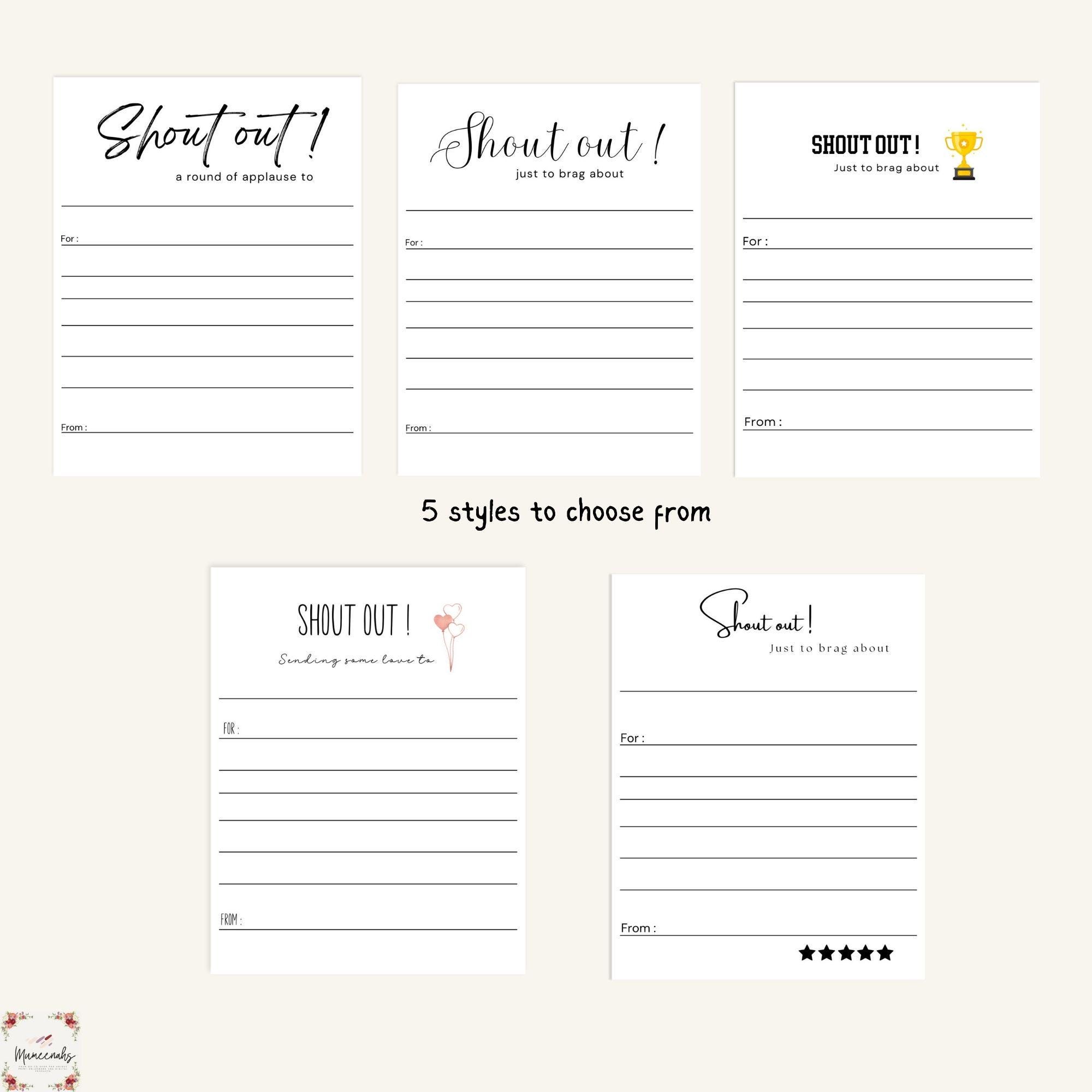 Employee Shout Out Cards, Staff Shout Out Form, Recognition Shout Out ...