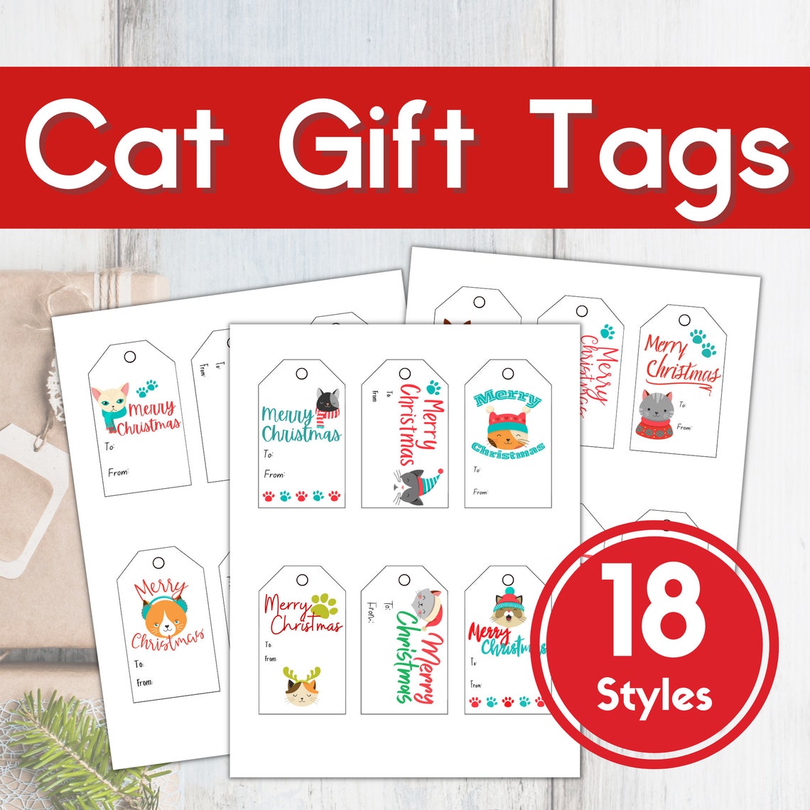 Printable Christmas Cat Gift Tags, Kitty Cat Gift Tags, Cat Lover Gift ...
