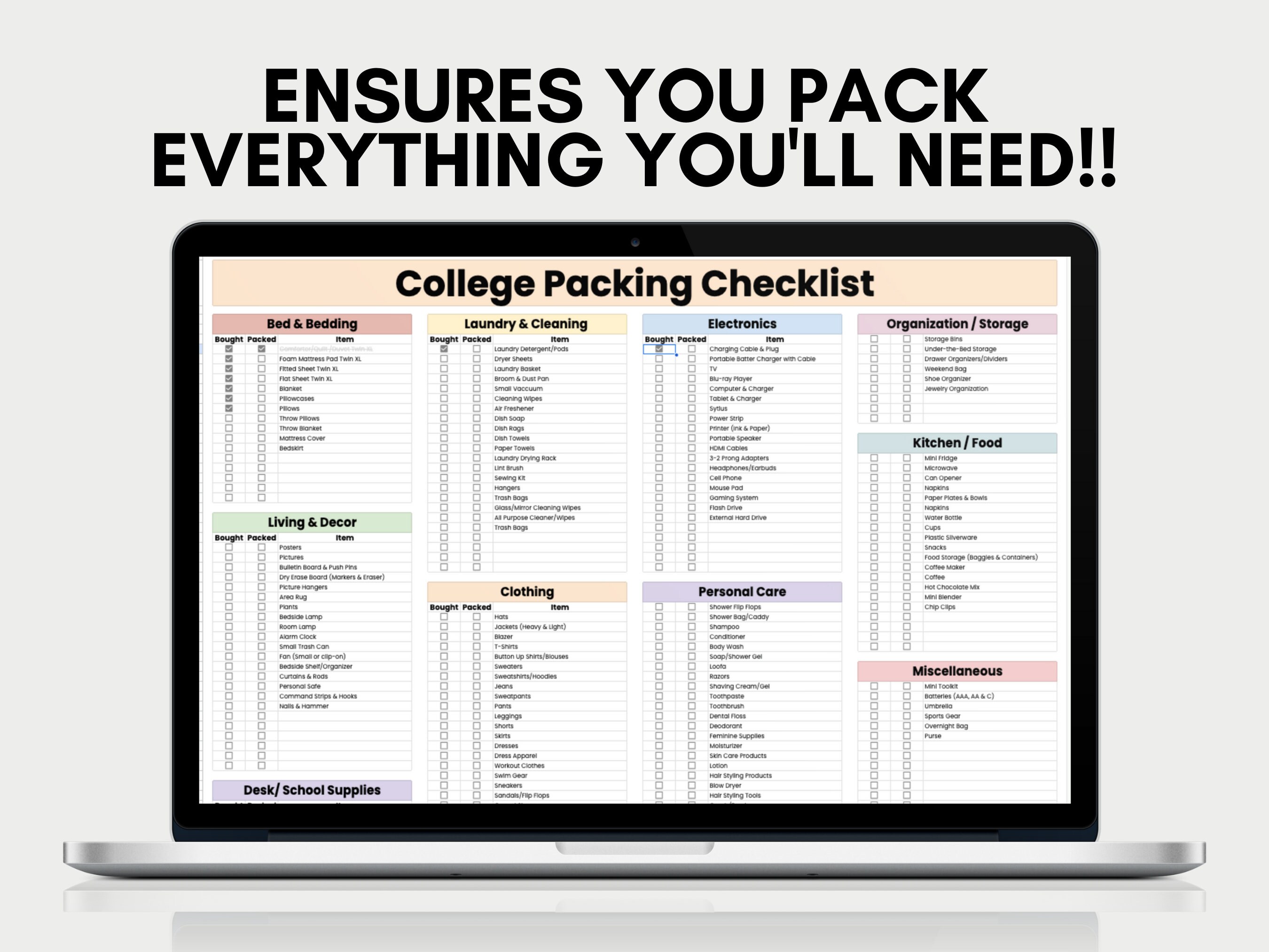College Packing List, College Dorm Essentials List, Google Sheets ...