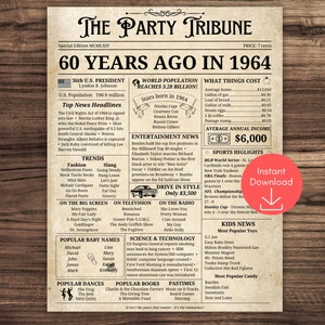 1964 Birthday Poster, 60th Birthday Newspaper, 1964 Newspaper Sign ...