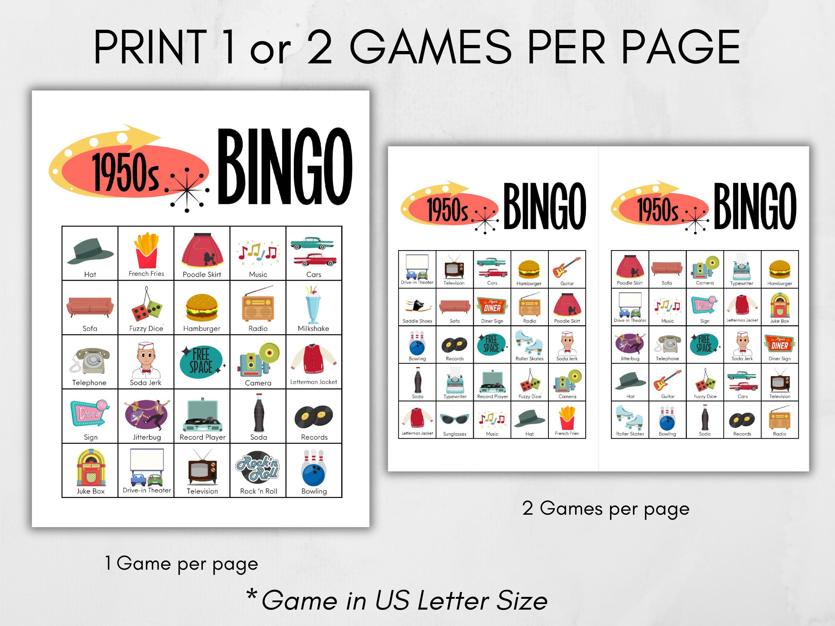 1950s Bingo, 50s Bingo, 50s Game, 1950s Bingo Cards, 50s Party Game ...