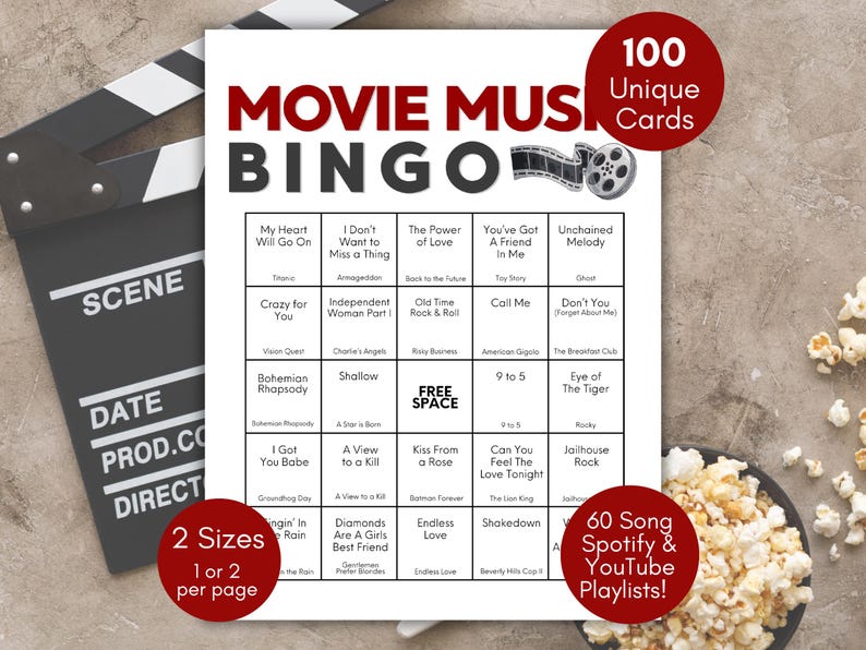 Movie Music Bingo, Movie Soundtrack Songs Game, Music Bingo With ...