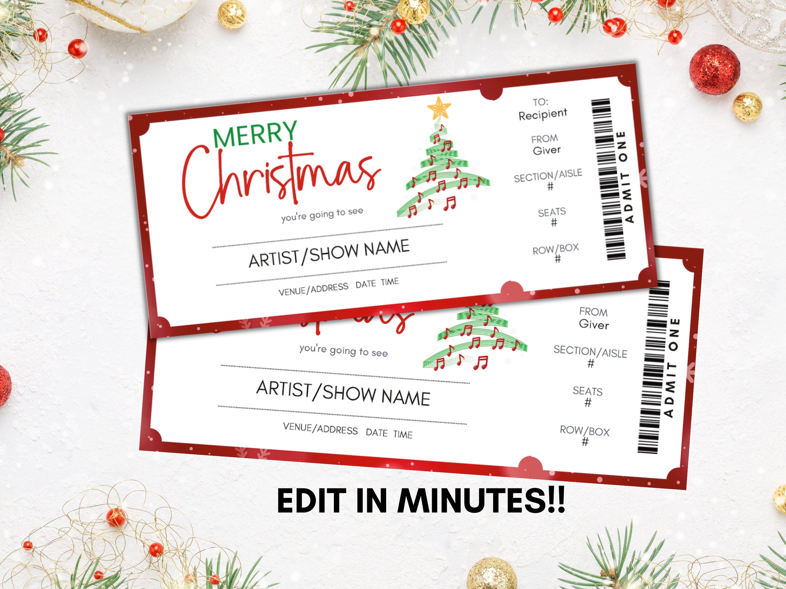 Christmas Concert Ticket Template, Editable Concert Ticket, Concert ...