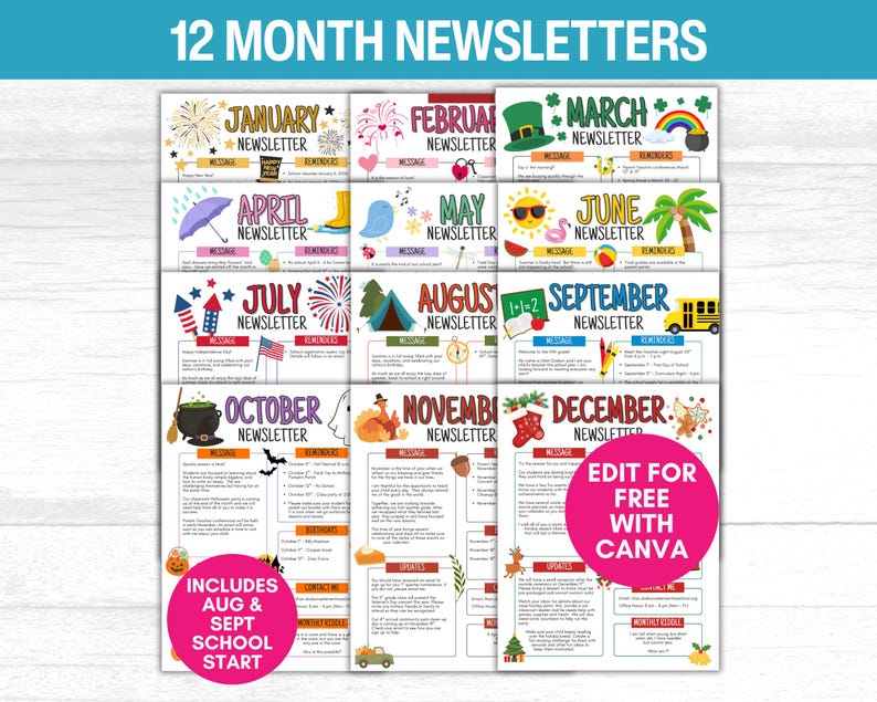 12 Month Newsletter Template, Monthly Classroom Newsletter, Daycare ...