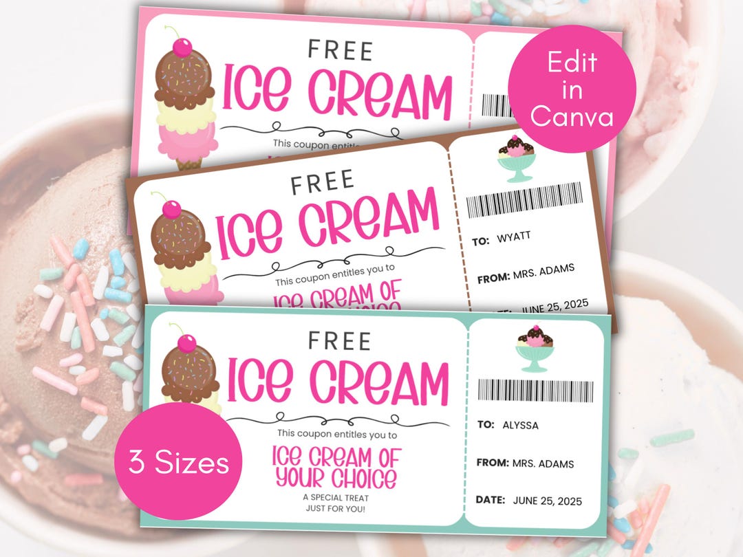 Printable Ice Cream Coupons, Ice Cream Voucher, Editable Ice Cream ...