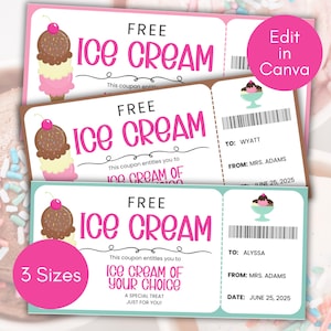 Printable Ice Cream Coupons, Ice Cream Voucher, Editable Ice Cream ...