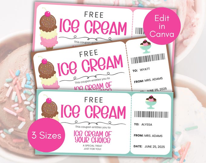 Ice Cream Coupons, Ice Cream Party, Printable Vouchers, Ice Cream ...