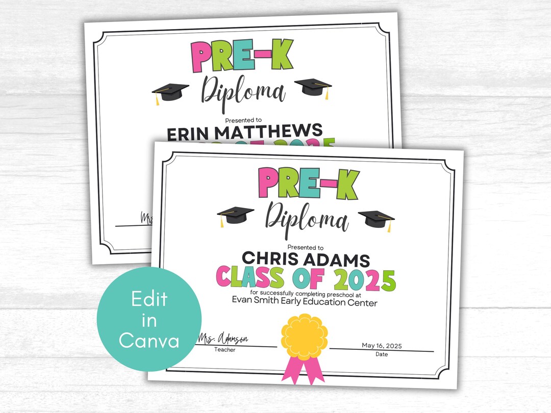 Pre-k Diploma Template, Pre-k Graduation, Printable Prek Graduation ...