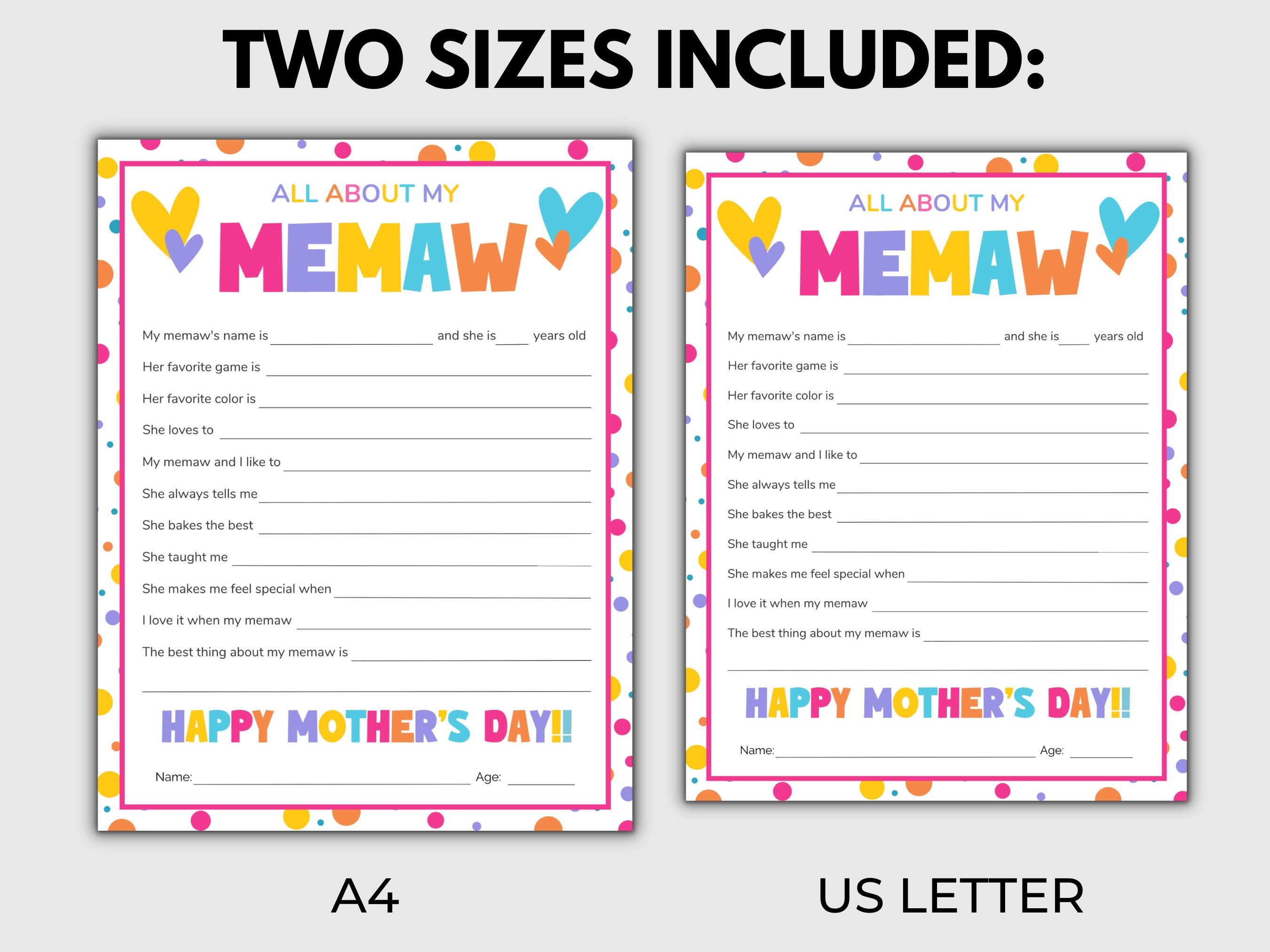 All About My Memaw Printable, All About My Meemaw, Grandma Mother's Day ...