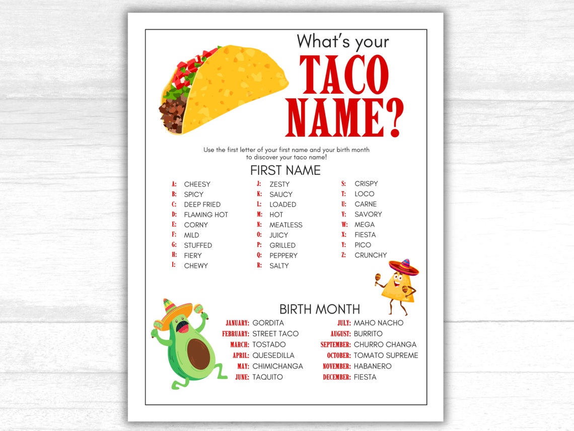 What's Your Taco Name Game, Taco Name Game With Sign and Nametags, Taco ...