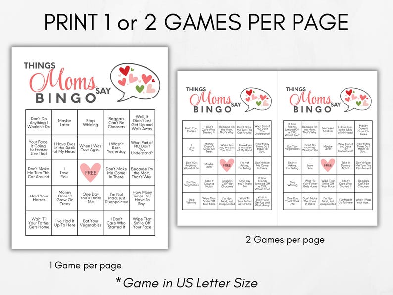 Mothers Day Bingo Game, Printable Moms Activity, Unique Bingo Cards for ...