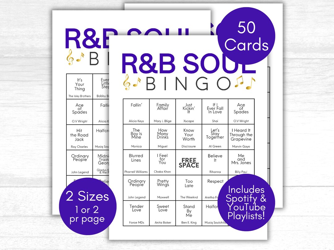 R&B Songs Bingo, RB Music Bingo, Soul Music Bingo, Music Party Activity ...