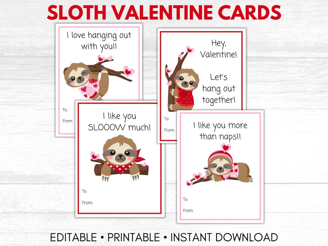 Sloth Valentine Card Printable, Kids Classroom Valentines, Instant ...