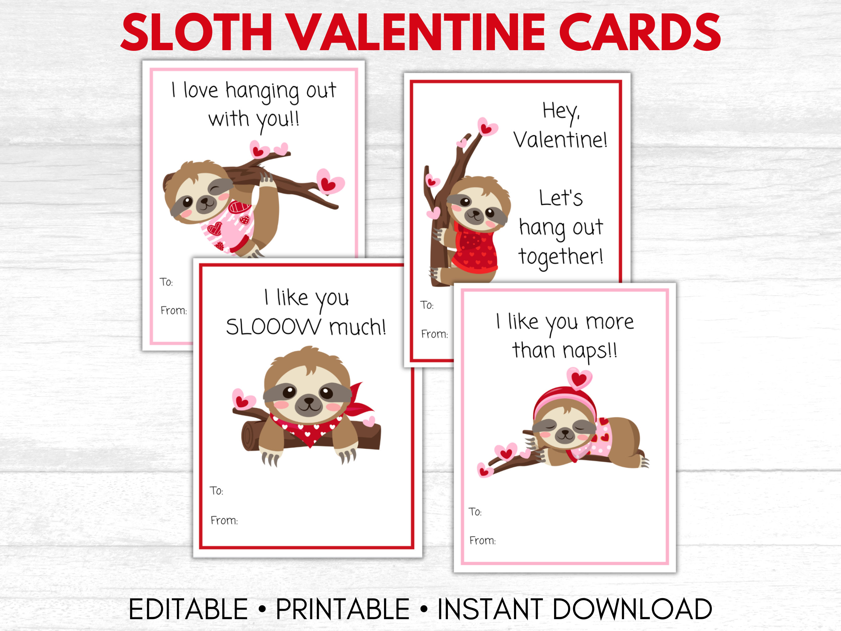 Sloth Valentine Card Printable, Kids Classroom Valentines, Instant ...
