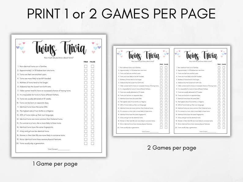 Twins Trivia Game, Twin Baby Shower Game, True False Baby Shower Game ...
