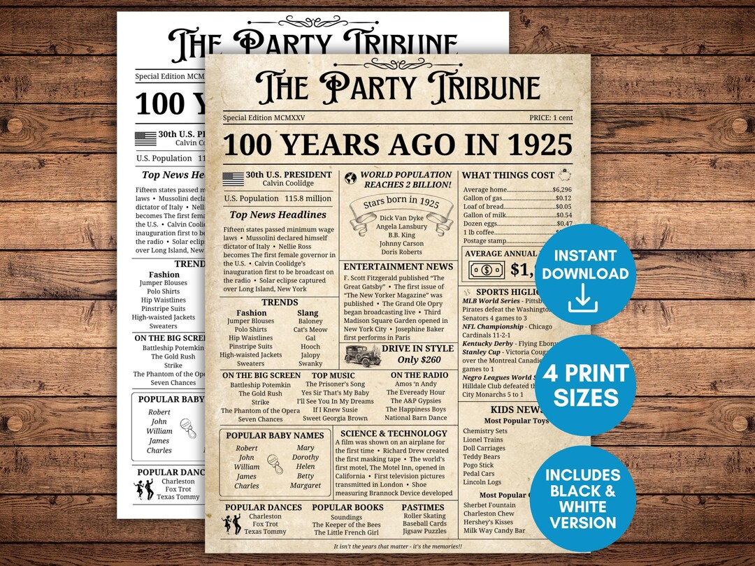 1925 Birthday Poster, 100th Birthday Newspaper, 1925 Newspaper Sign ...