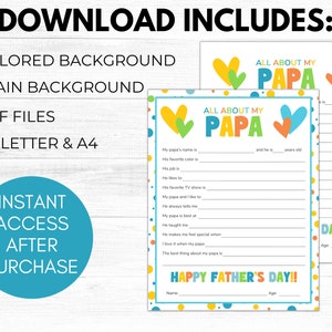 All About My Papa Printable, Father's Day Gift, All About Papa Keepsake ...