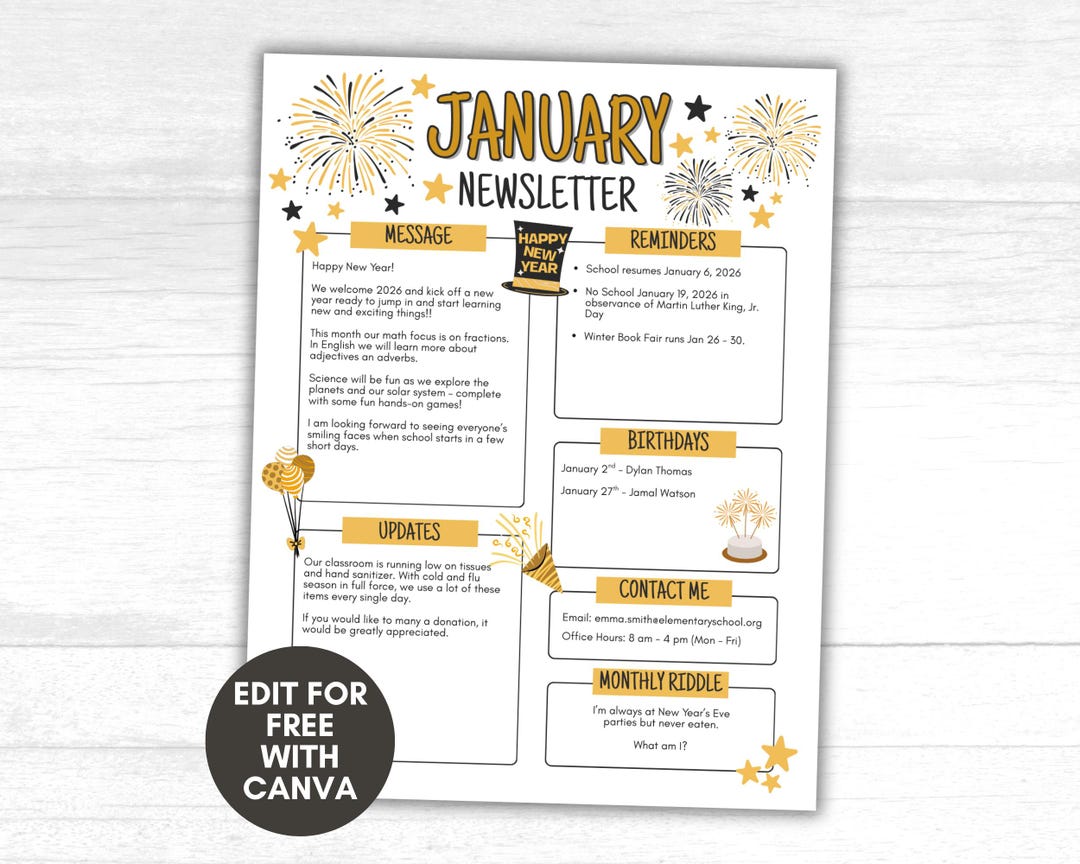 January Classroom Newsletter Template, New Year's Classroom Newsletter ...