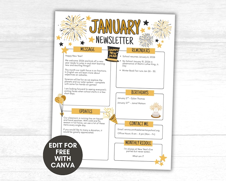 January Classroom Newsletter Template, New Year's Classroom Newsletter ...