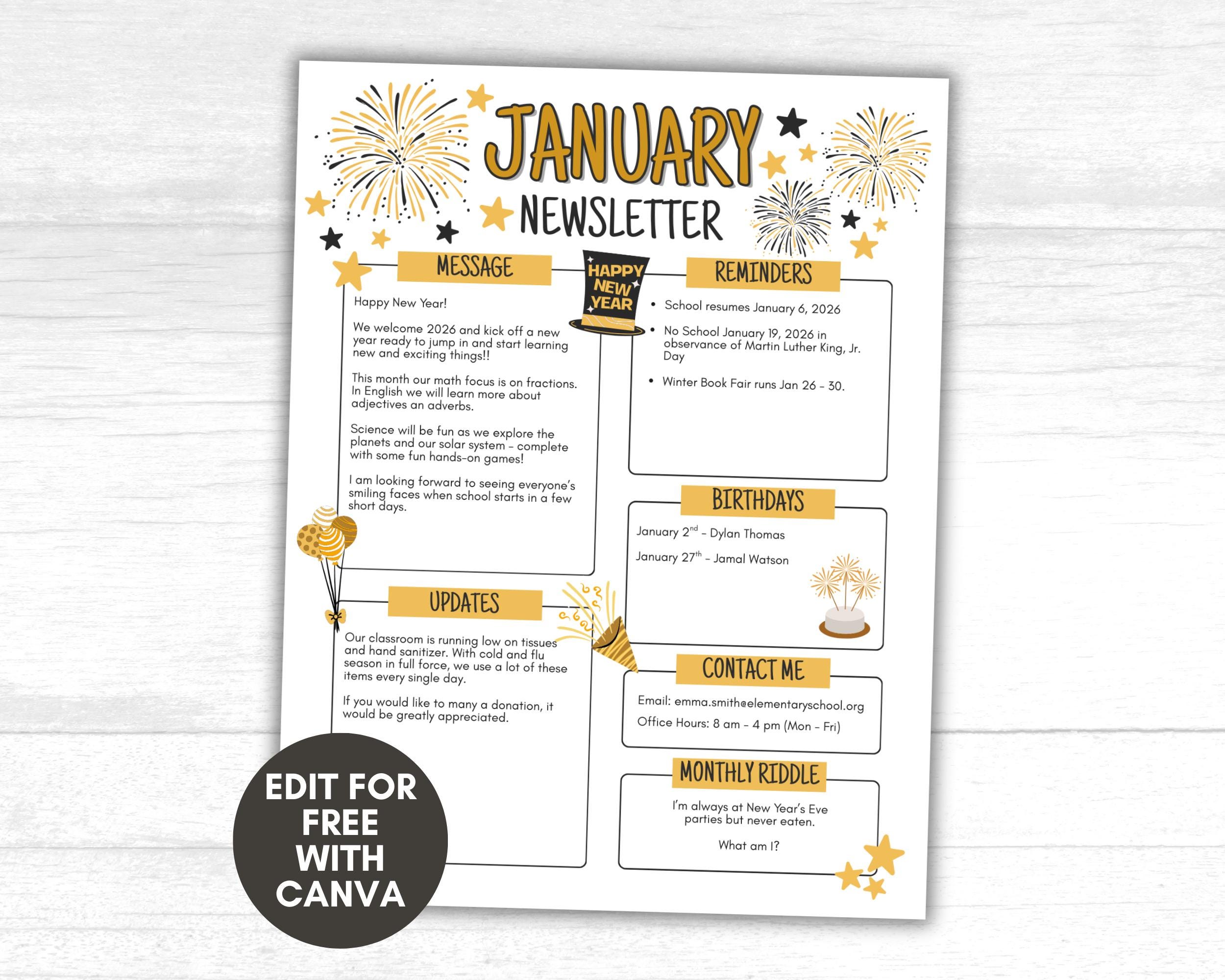 January Classroom Newsletter Template, New Year's Classroom Newsletter ...
