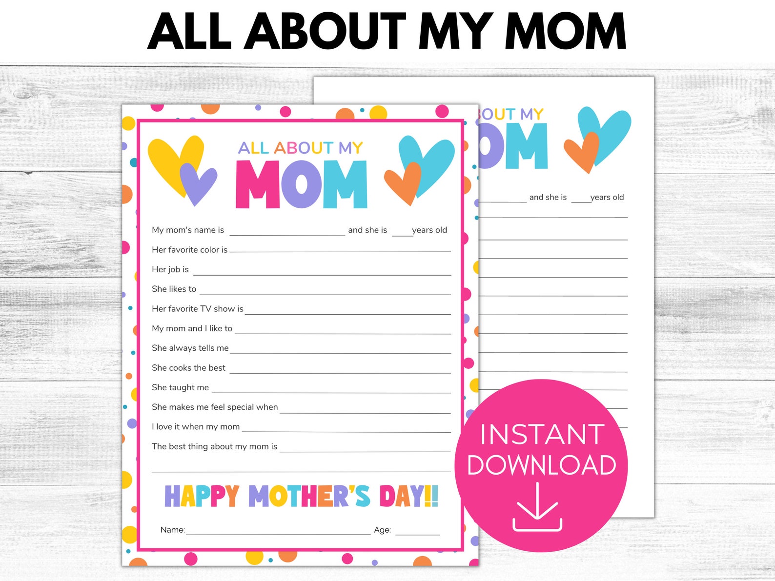All About My Mom Printable, Mother's Day Gift, All About Mom Keepsake ...