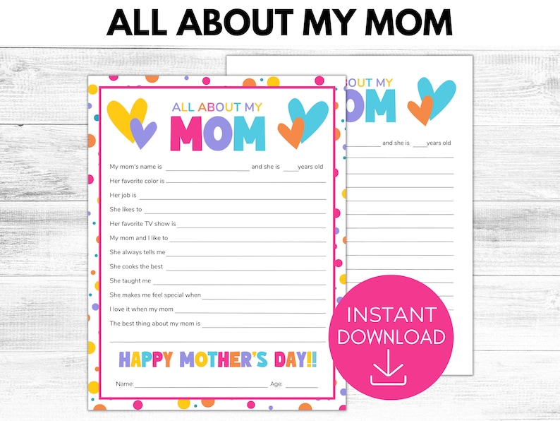 All About My Mom Printable, Mother's Day Gift, All About Mom Keepsake ...